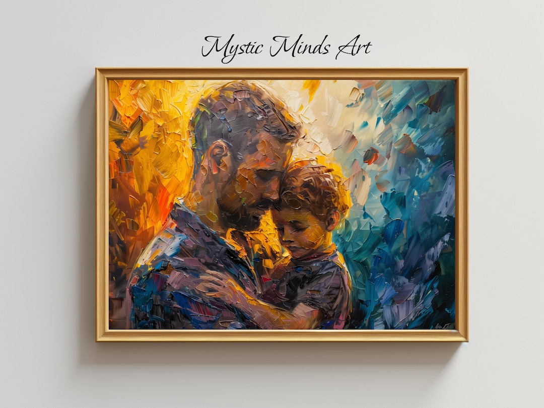 Printable Golden Embrace: Father and Son Impressionist Oil Painting ...