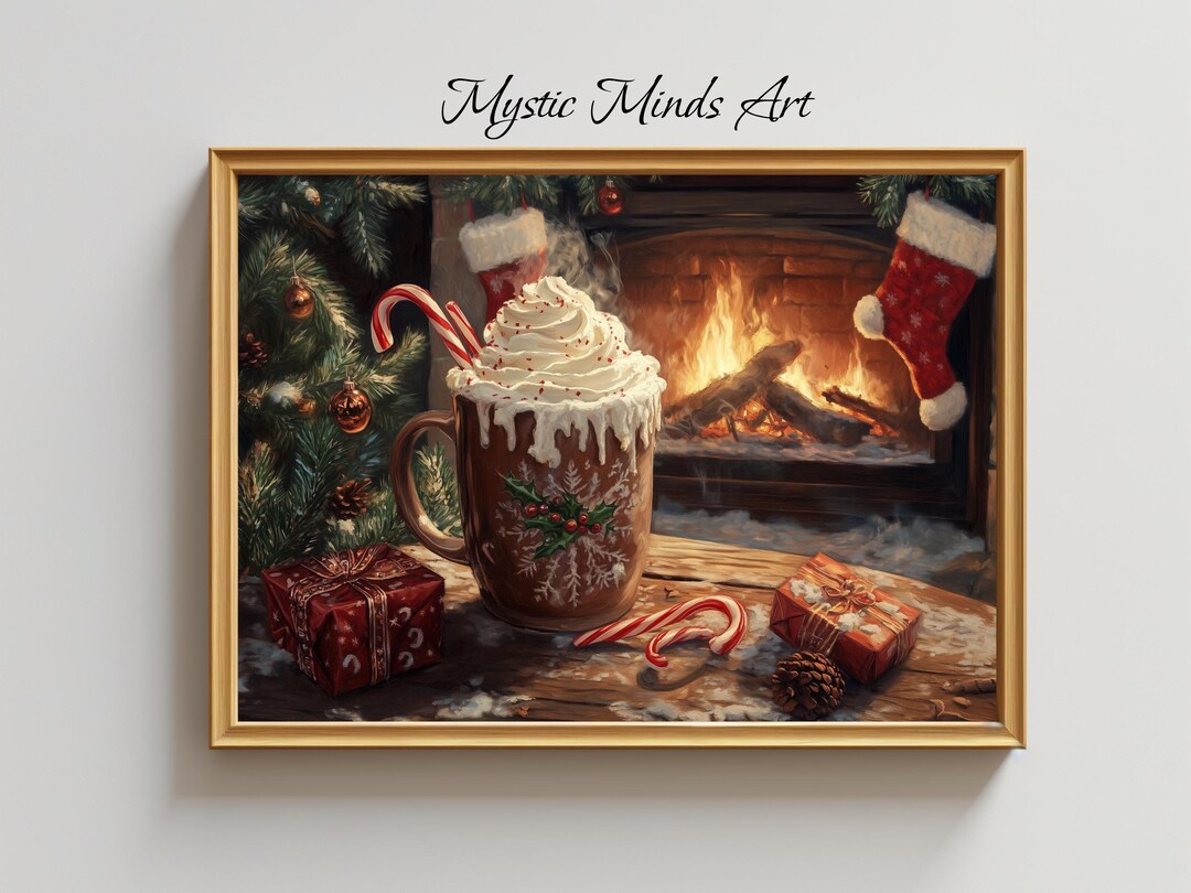 Hot Cocoa by the Fireplace, Printable Digital Art, Cozy Holiday Wall ...