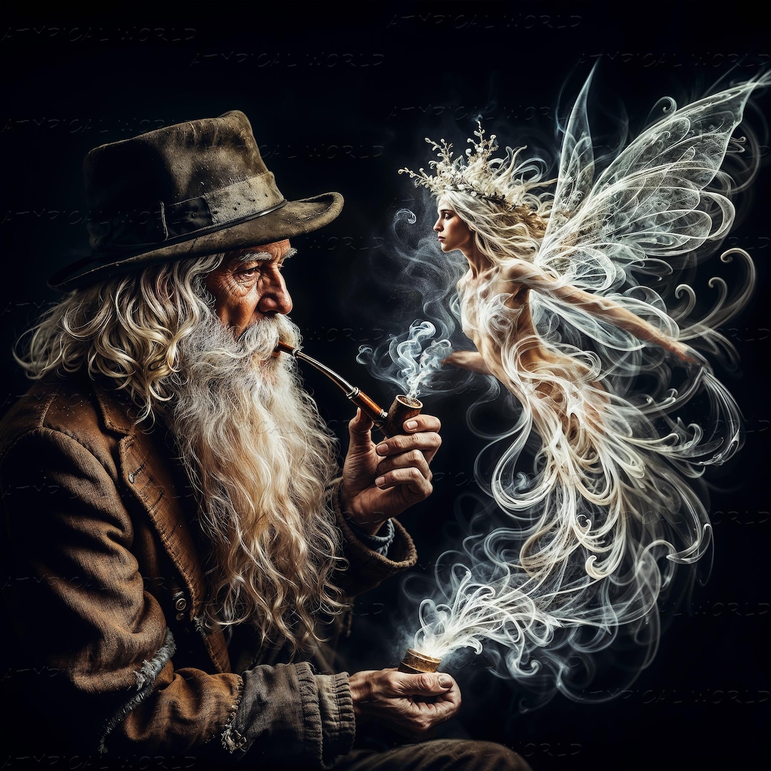 Magical Wizard Smoking Pipe: Gray Haired Old Man With Gray Beard ...