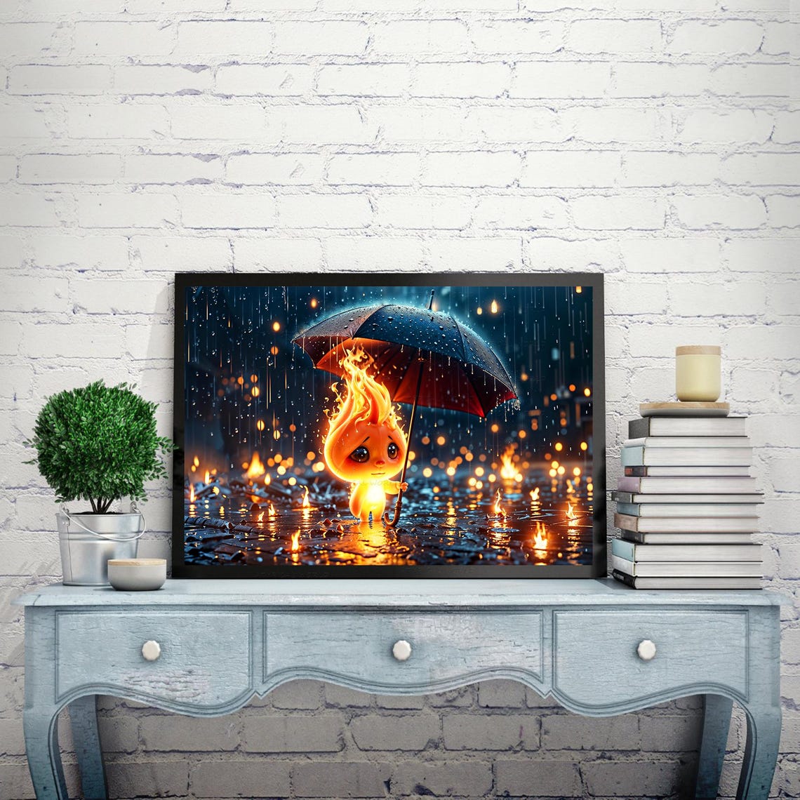 Fantasy Fire Elemental Little Man With Large Umbrella Fiery Hairstyle ...