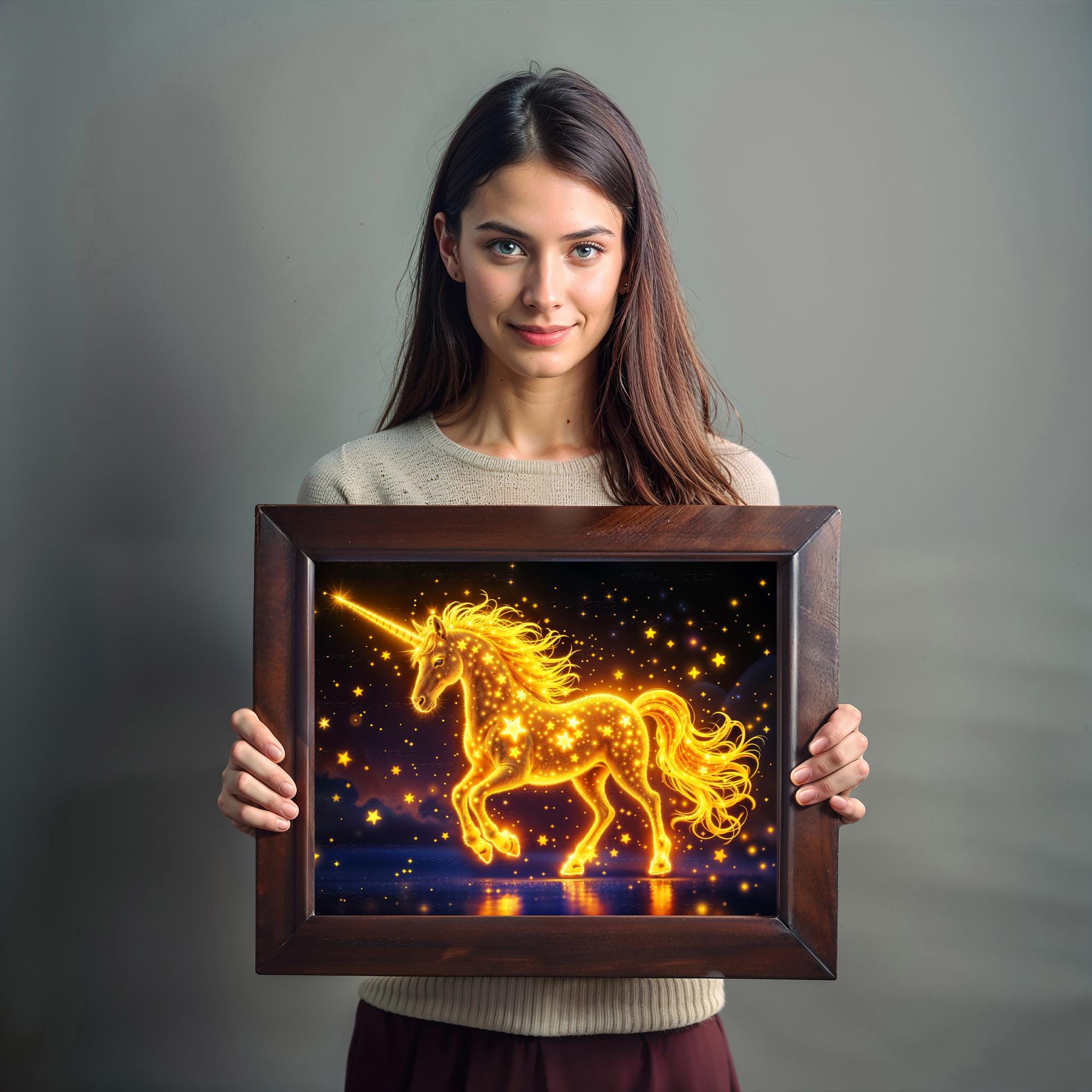 Fantasy Cute Shine Golden Unicorn in Golden Radiance and Stars: Neon ...
