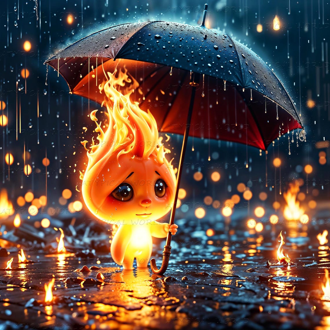 Fantasy Fire Elemental Little Man With Large Umbrella Fiery Hairstyle ...