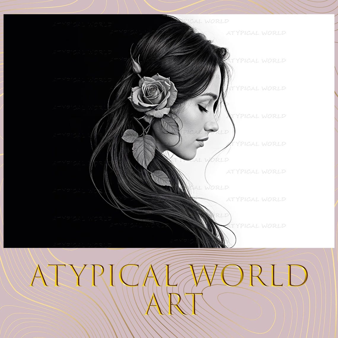 Fantasy Black and White Profile Art Portrait of Elegant Girl With Rose ...