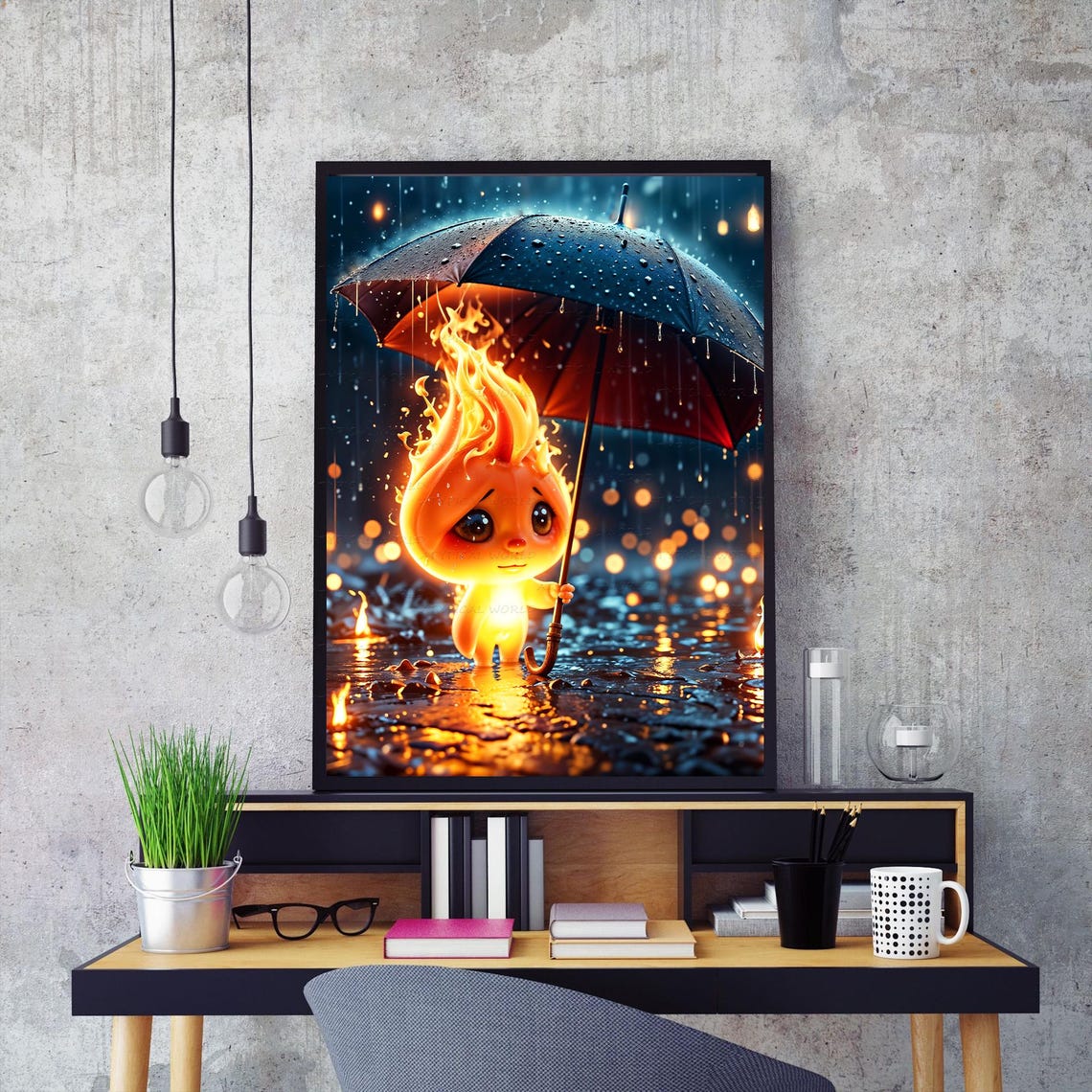 Fantasy Fire Elemental Little Man With Large Umbrella Fiery Hairstyle ...
