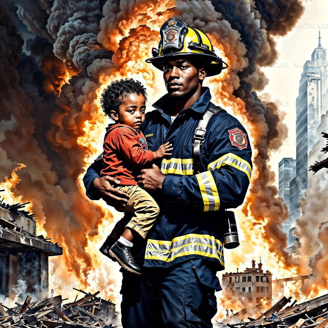 African American Firefighter Hero Rescuing Boy Amidst Flames, Tribute ...