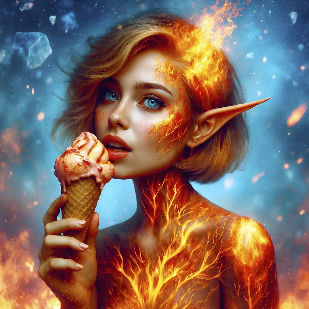 Fire Elf Fantasy Cosplay With Ice Cream, Beautiful Elf Girl and Multi ...