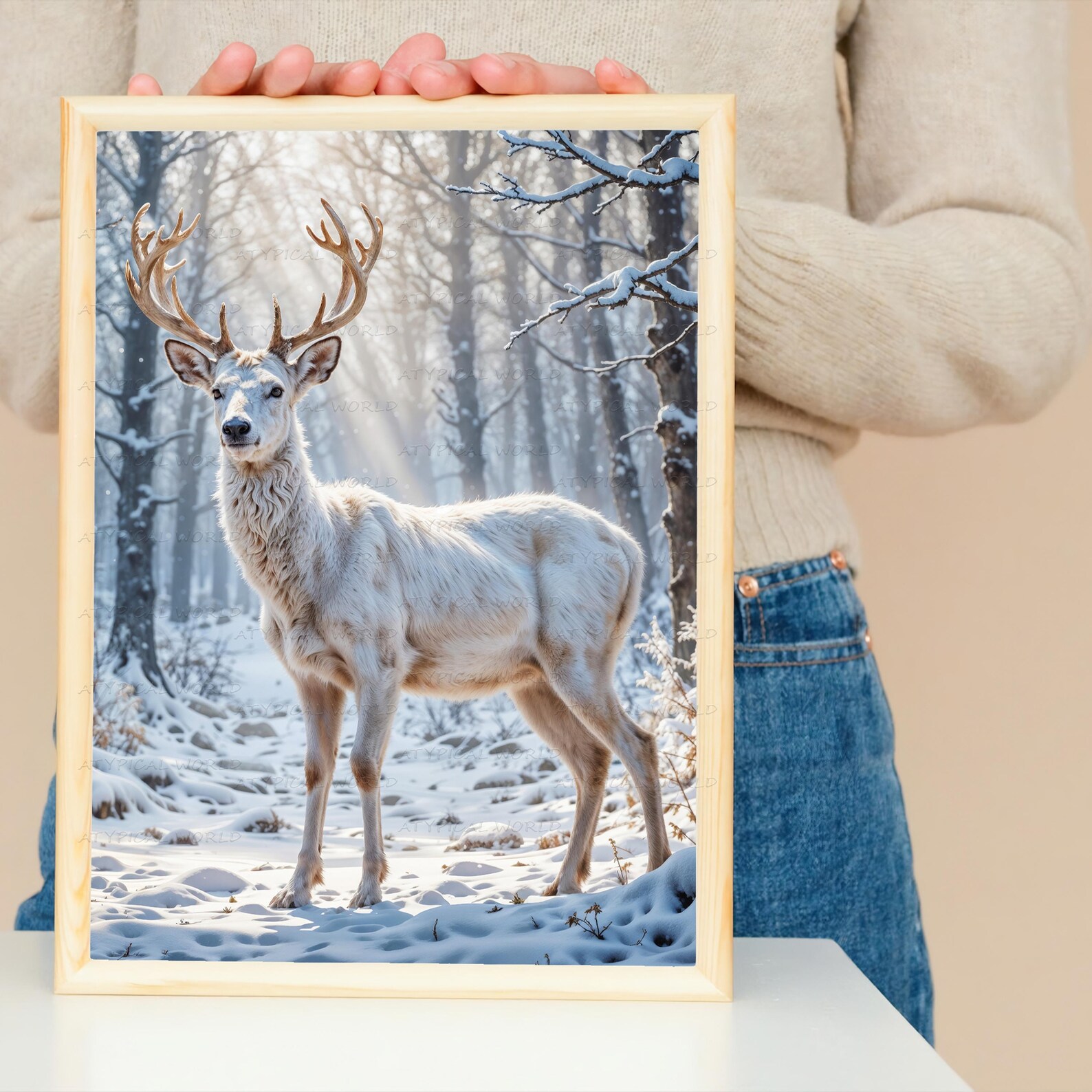 Snowy North Pole Wildlife Art: White Deer With Antlers in Winter Forest ...