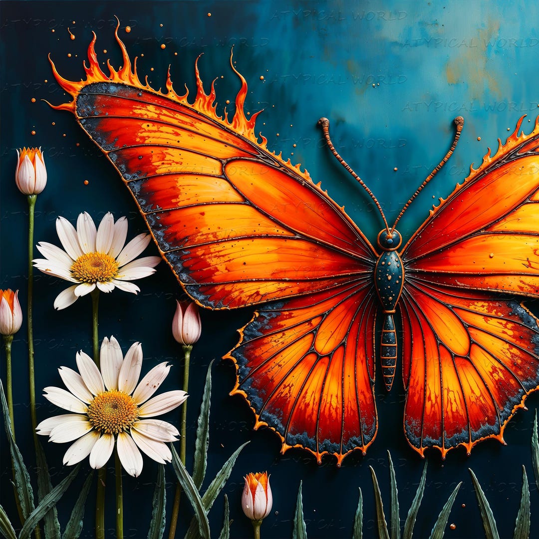 Antique Style Fiery Vibrant Butterfly, Flaming Ferro Wings Fantasy ...