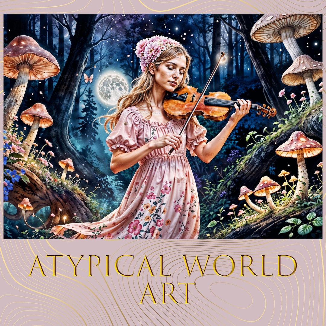 Enchanting Fairy Tale Violinist in Pink Dress: Night Mushroom Forest ...