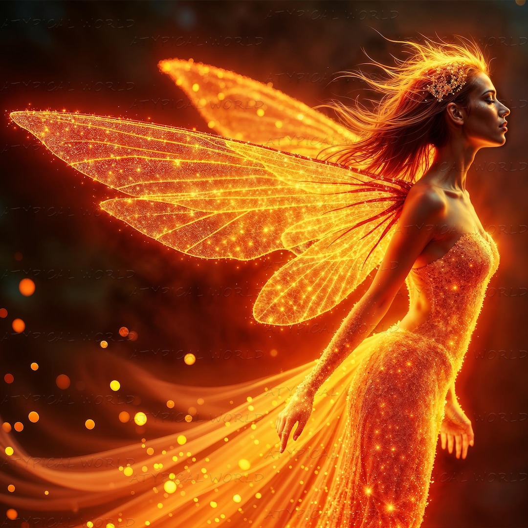 Enchanting Fiery Fairy Girl With Glowing Luminous Glittering Red Wings ...