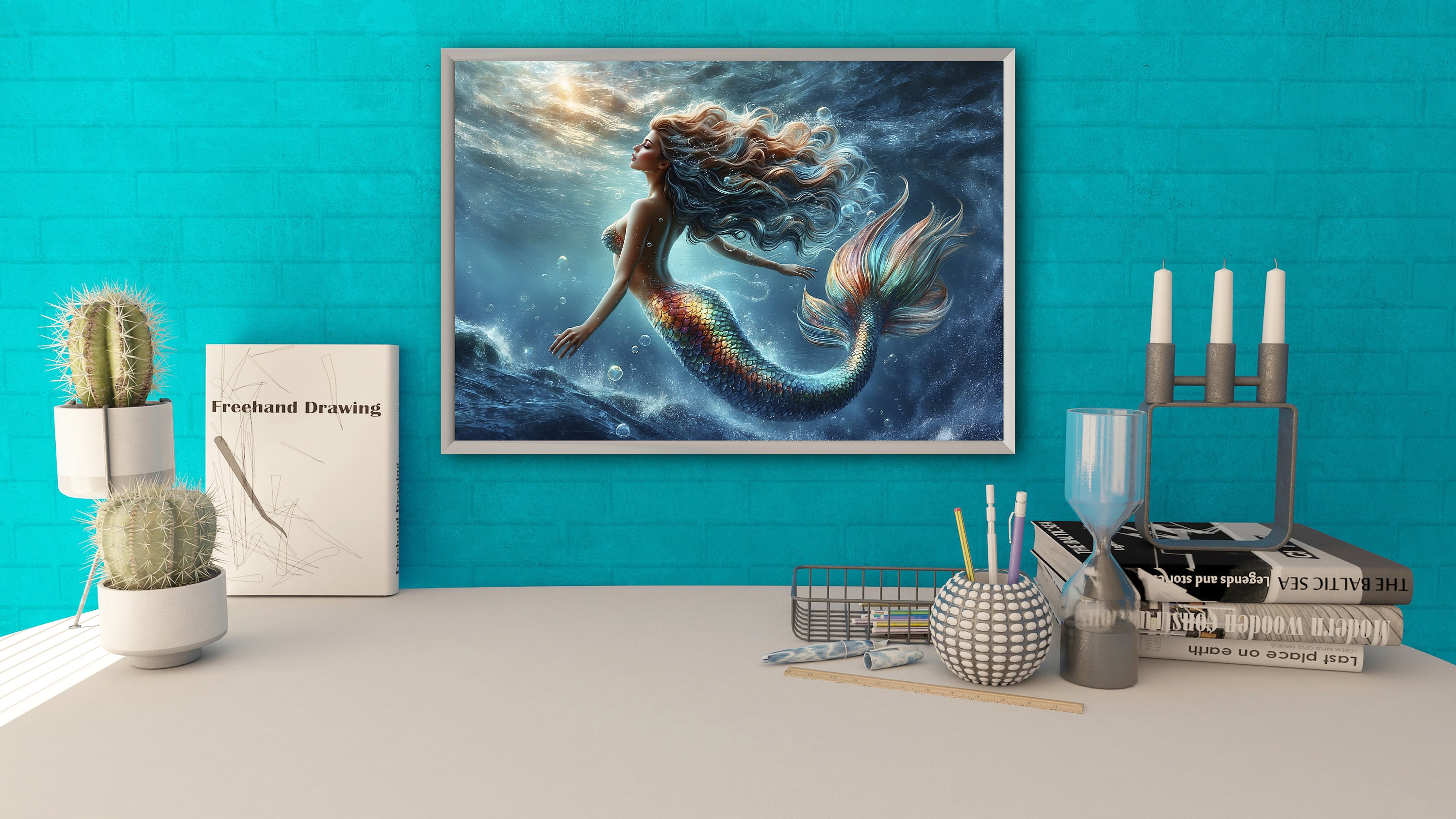 Fantastic Mermaid With a Shiny Tail in the Underwater Ocean World ...