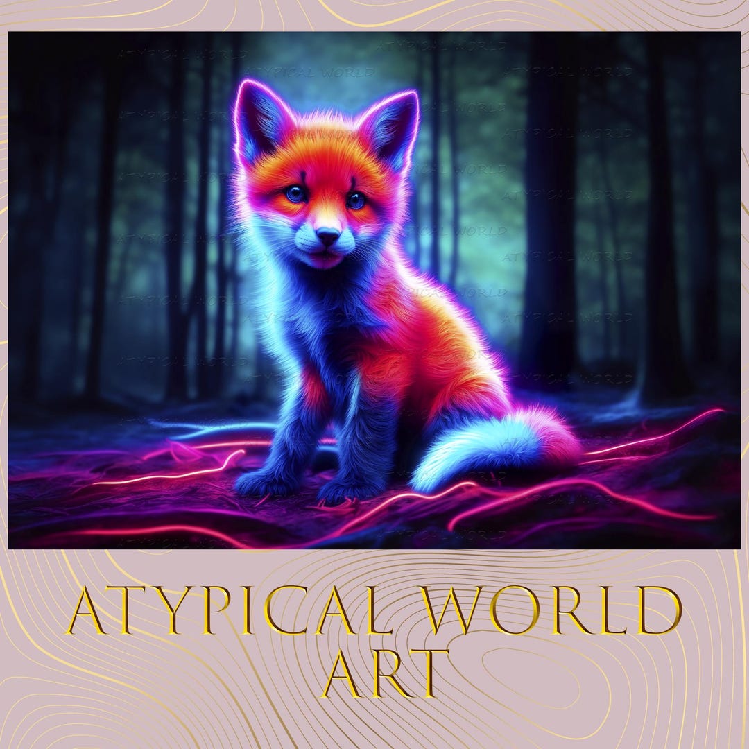 Little Red Neon Fox in the Night Forest, Blue Pink Neon and Nocturnal ...