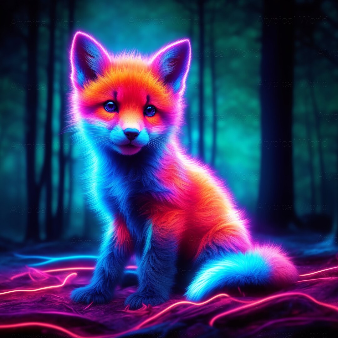 Little Red Neon Fox in the Night Forest, Blue, Pink Neon and Nocturnal ...