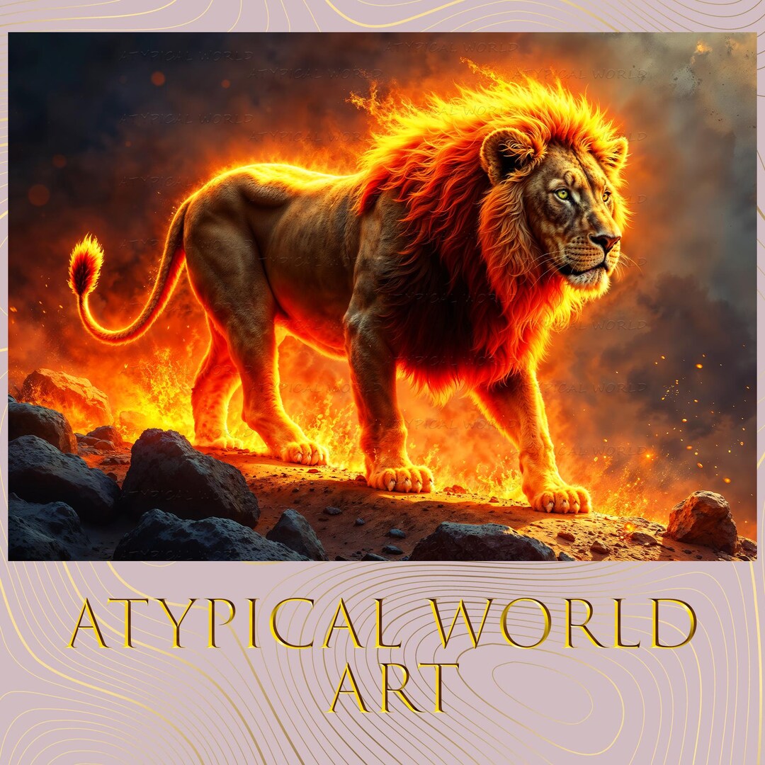 Majestic Fire Lion With Fiery Mane Walking by Volcano - Fantasy ...