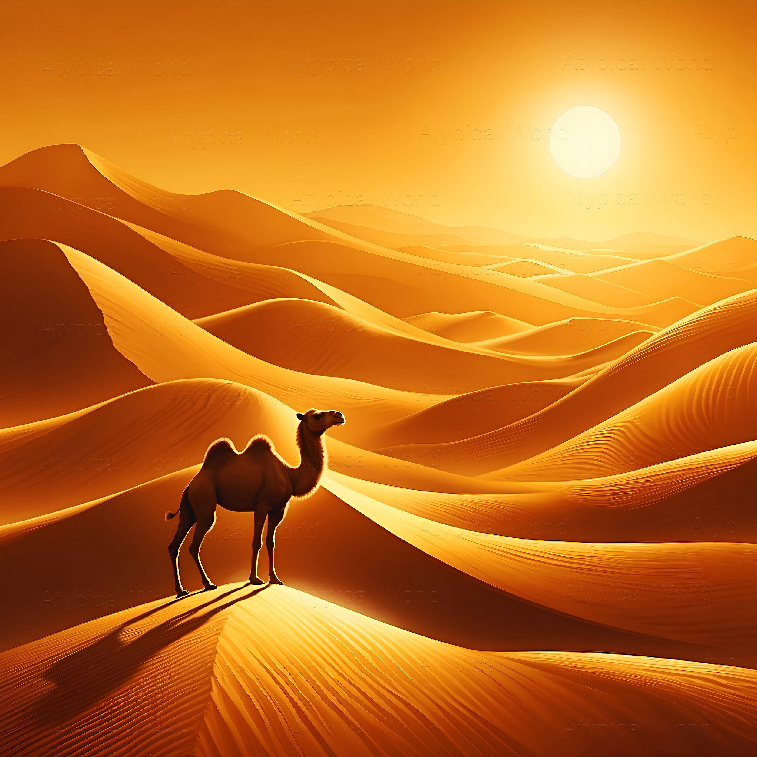 Desert Sunset: Camel on Sand Dune, Yellow Sun Desert Landscape Magic ...