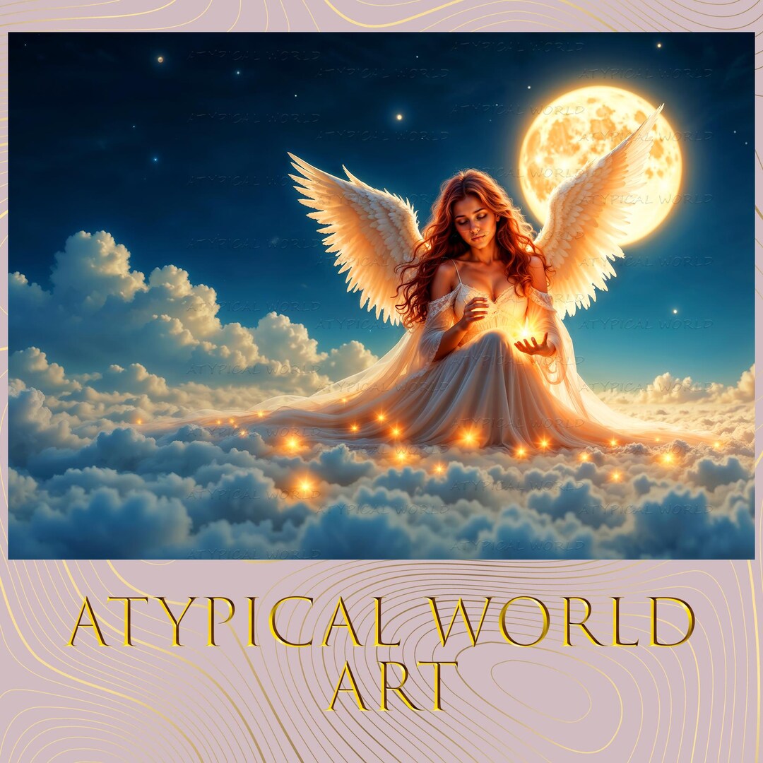 Fantasy Full Moon Dreamy Art: Red-haired Angel Girl With Snowy Wings ...