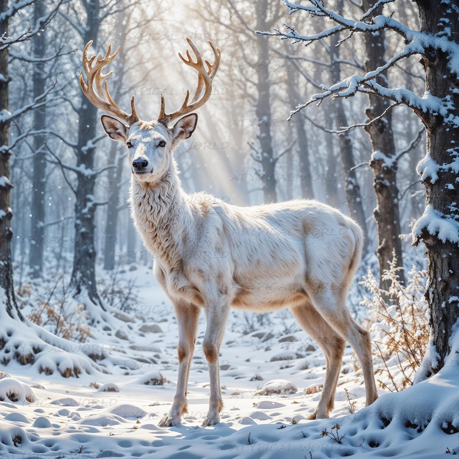 Snowy North Pole Wildlife Art: White Deer With Antlers in Winter Forest ...