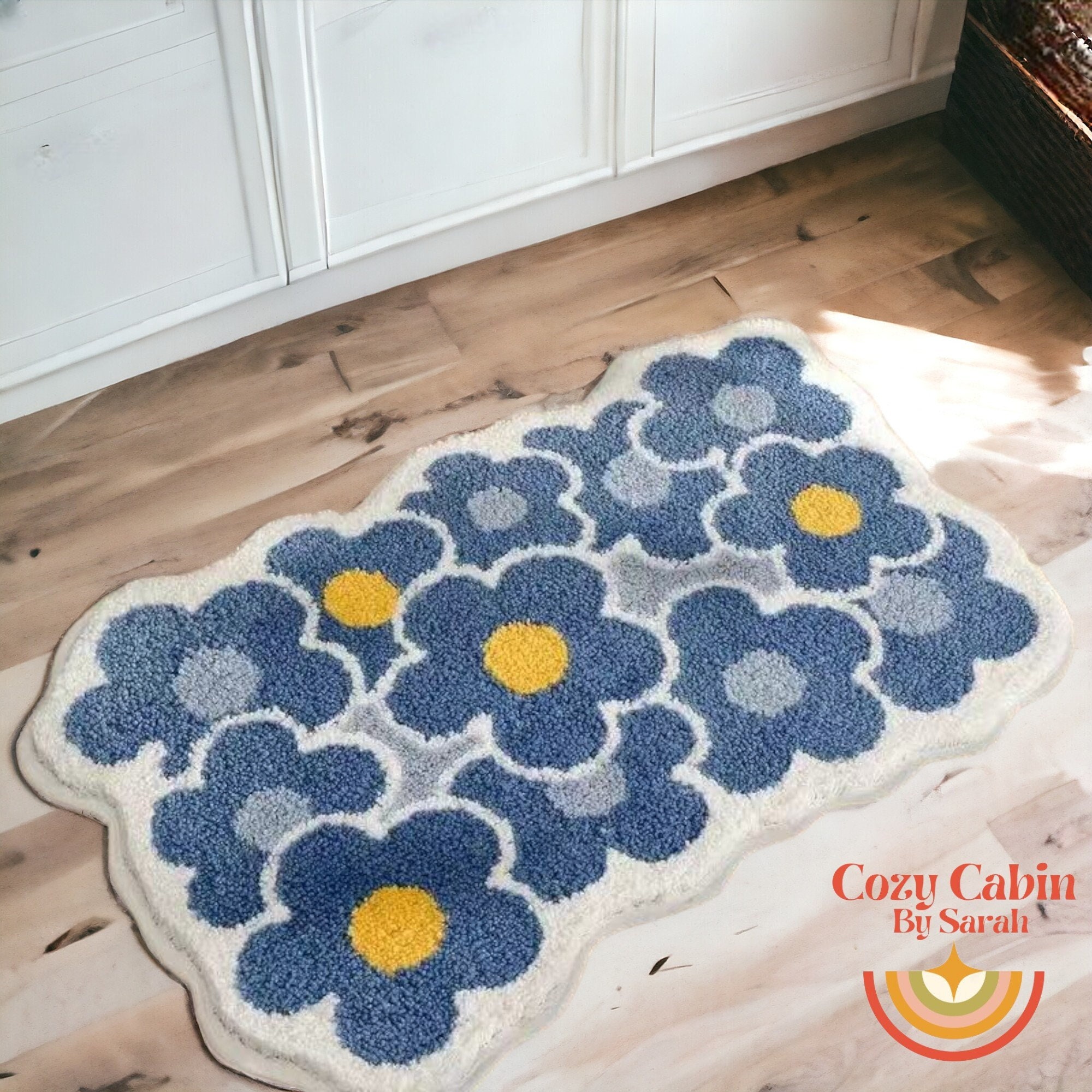 Blue Floral Bath Mat, Washable Absorbent Non Slip Bathroom Rug, Floral ...