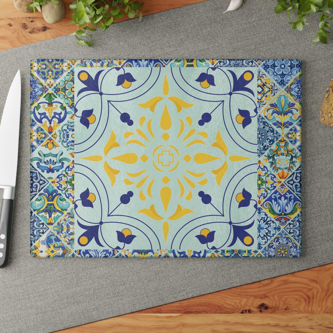 Glass Cutting Board, Spanish Style Tile Design, Mediterranean Toile ...