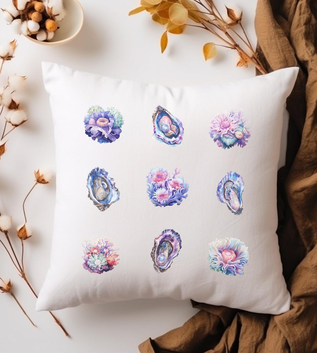 Coastal Seashell Pillow, Oyster Shell Cushion in Nautical Home Decor ...