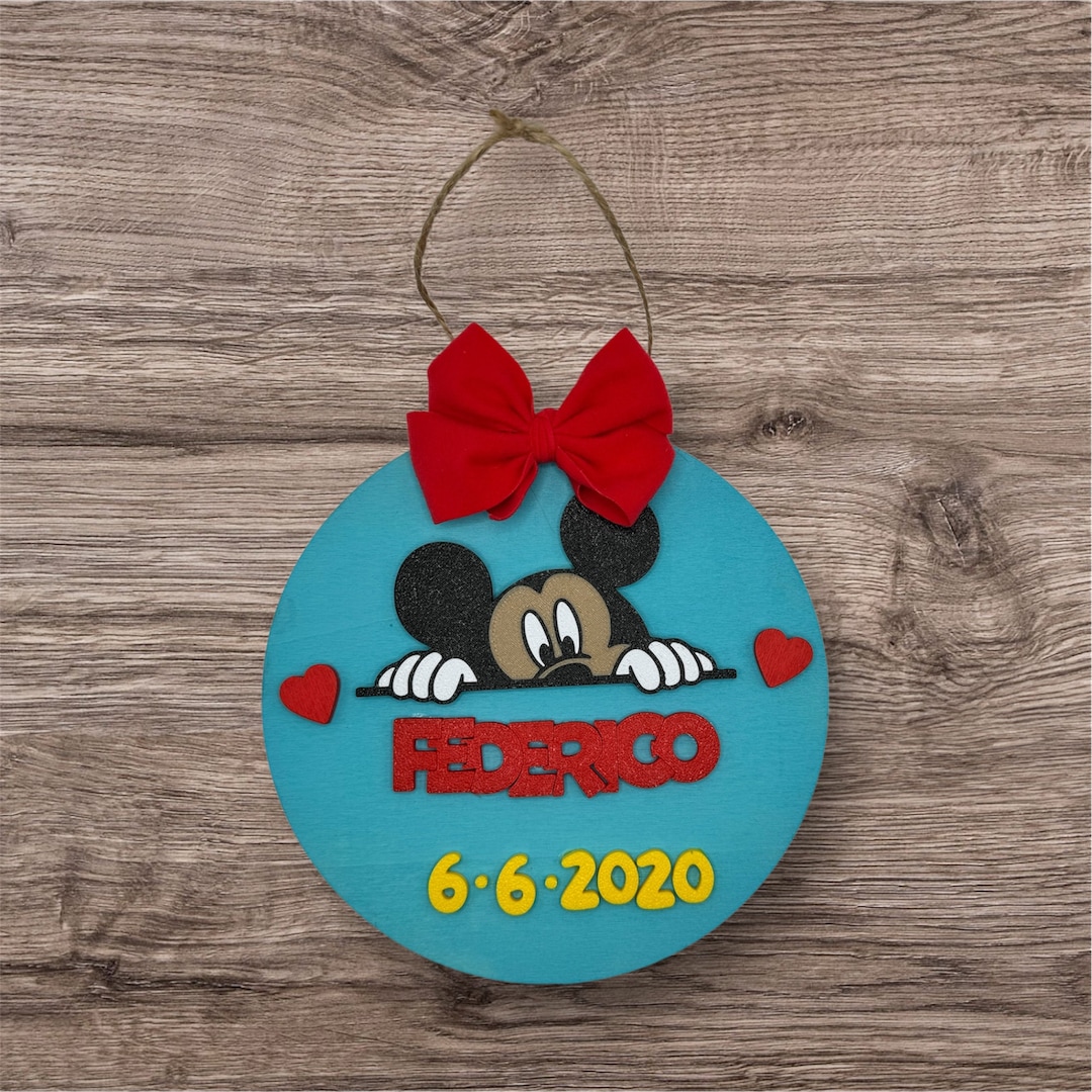 Personalized Mickey Mouse Birth Bow With Name Wooden Door Sign Mickey