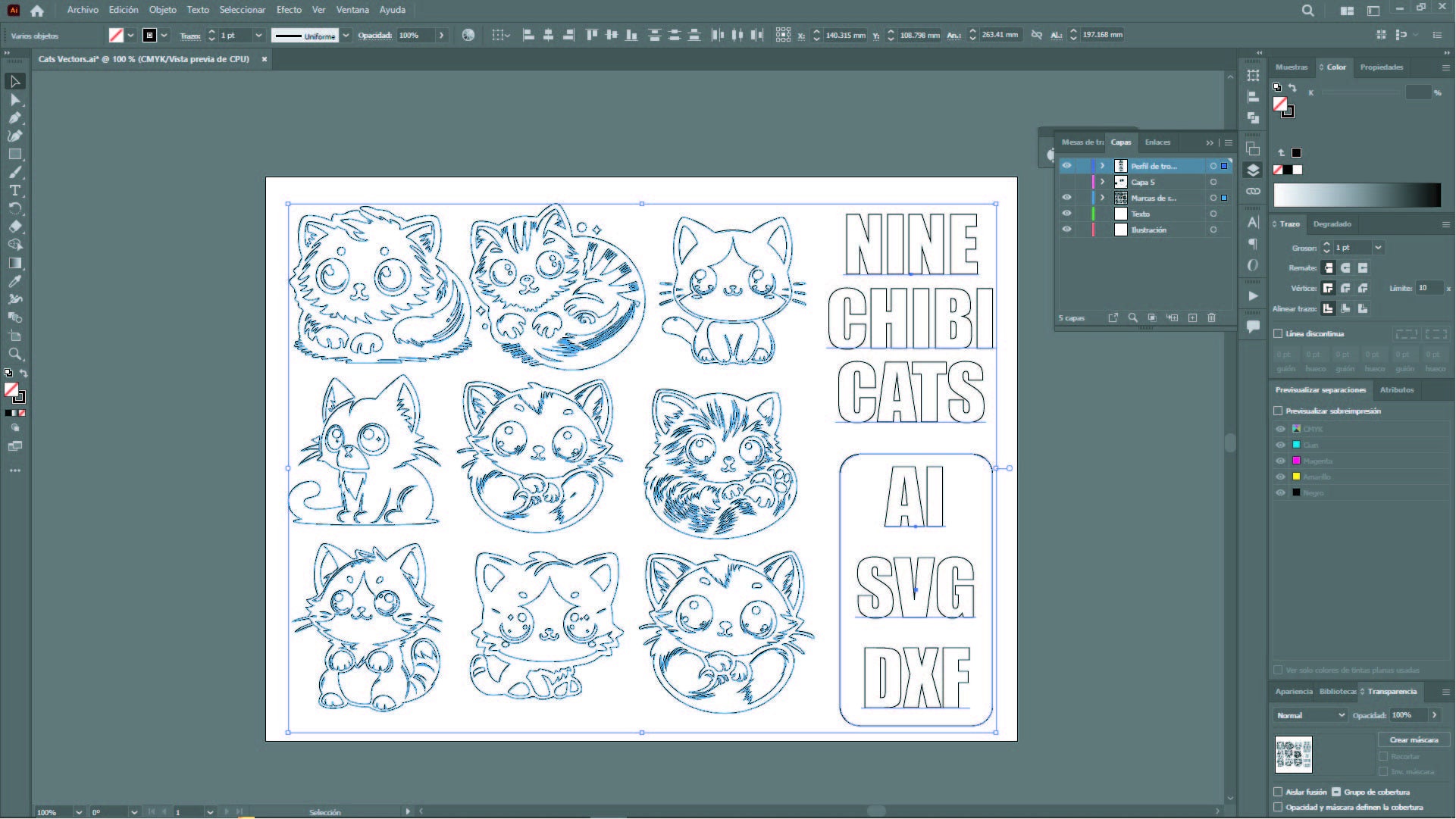 Nine Vector Cats AI DXF SVG - Etsy