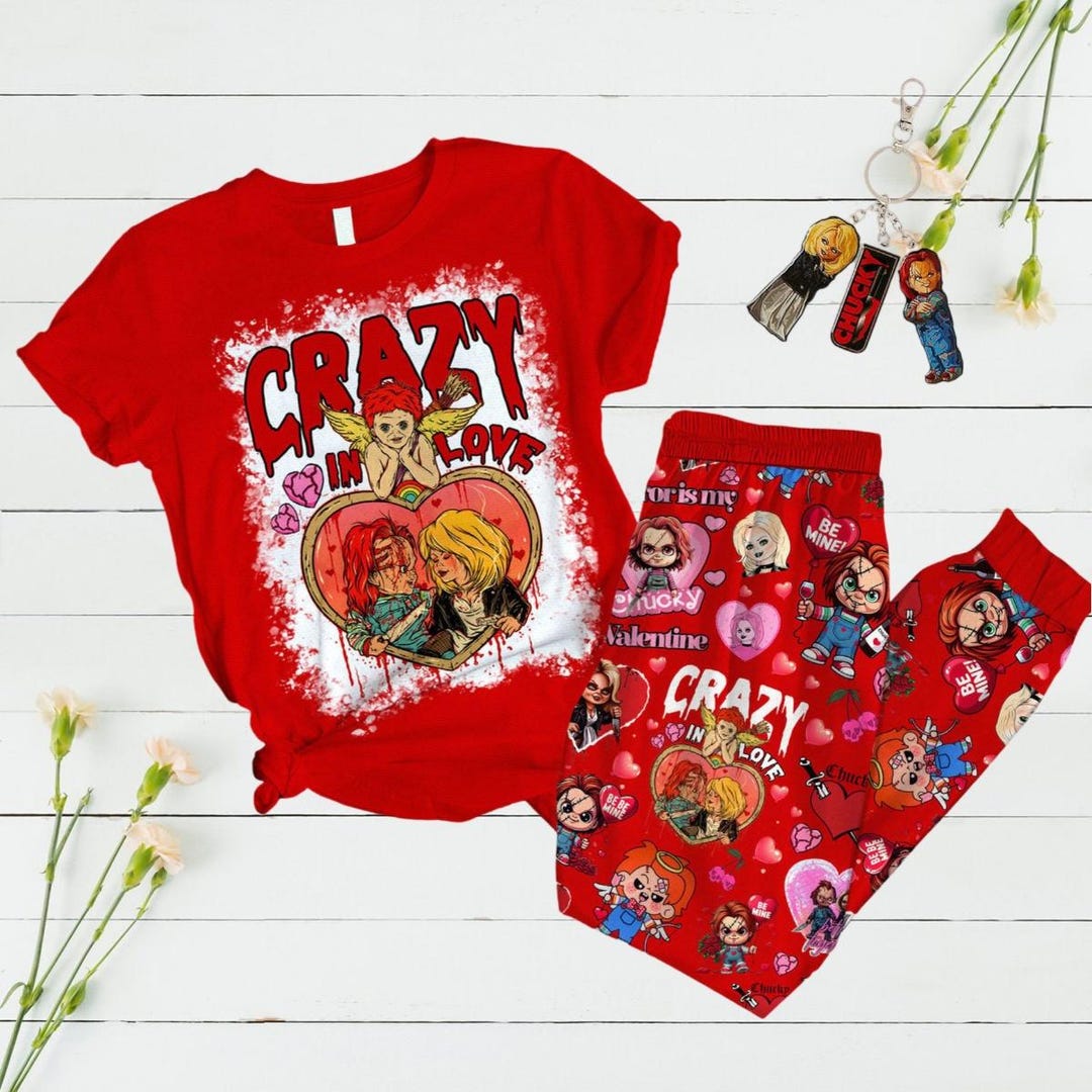 Chucky and Tiffany Pajamas, Chucky Heart Pajamas Set, Crazy in Lover ...