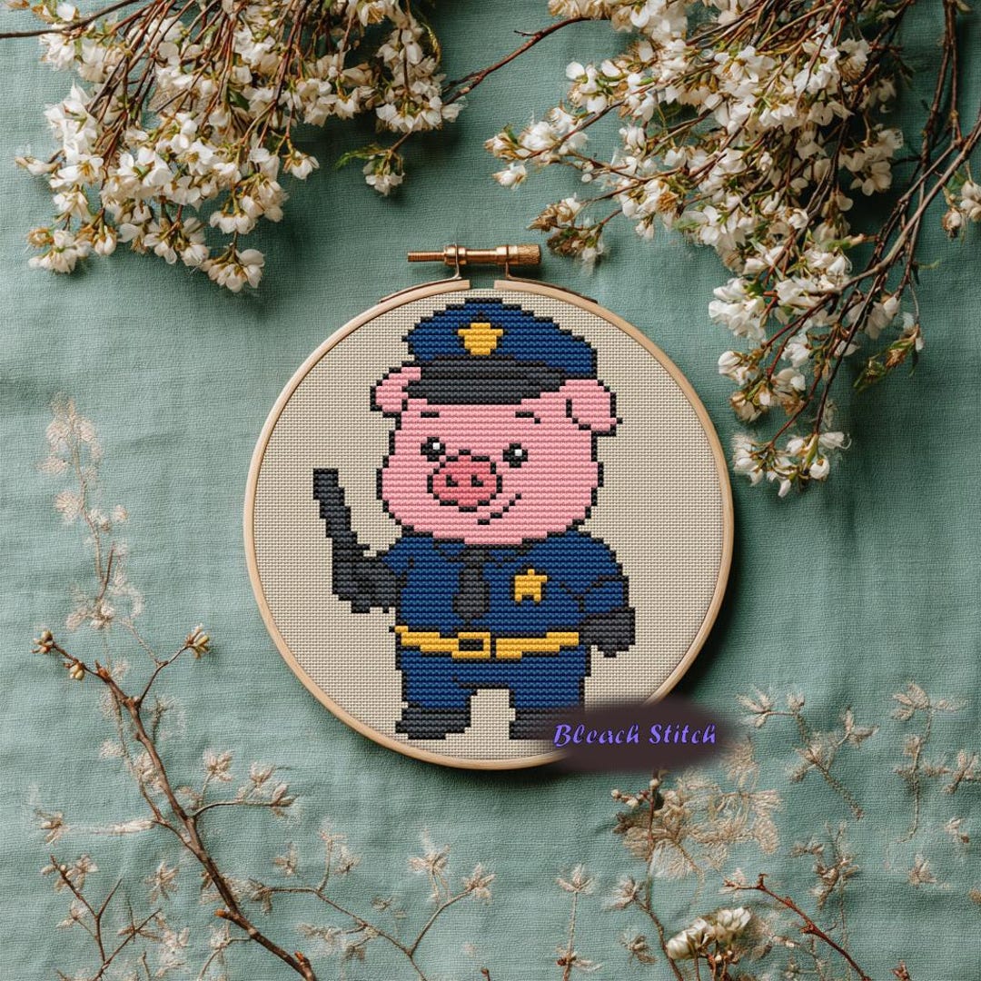 Cross Stitch Pattern Police Pig Character, Officer Uniform Embroidery ...