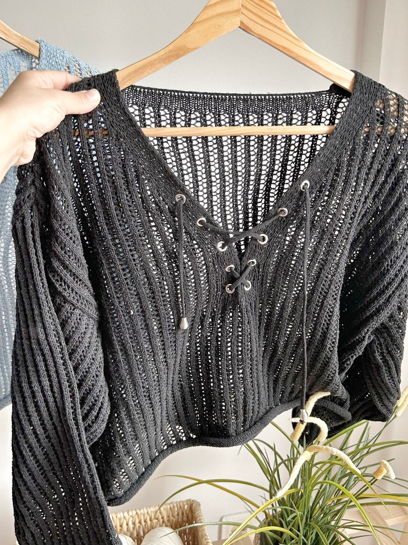 Tie Front Summer Knitted Sweater, Gift for Her, Cropped Crochet Top ...