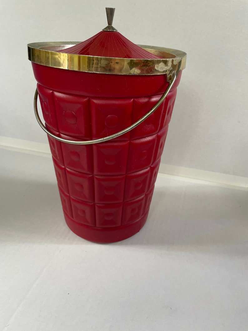 Vintage Lustro-ware Red Plastic Ice Bucket, 1960s, Gold Rim & Handle ...