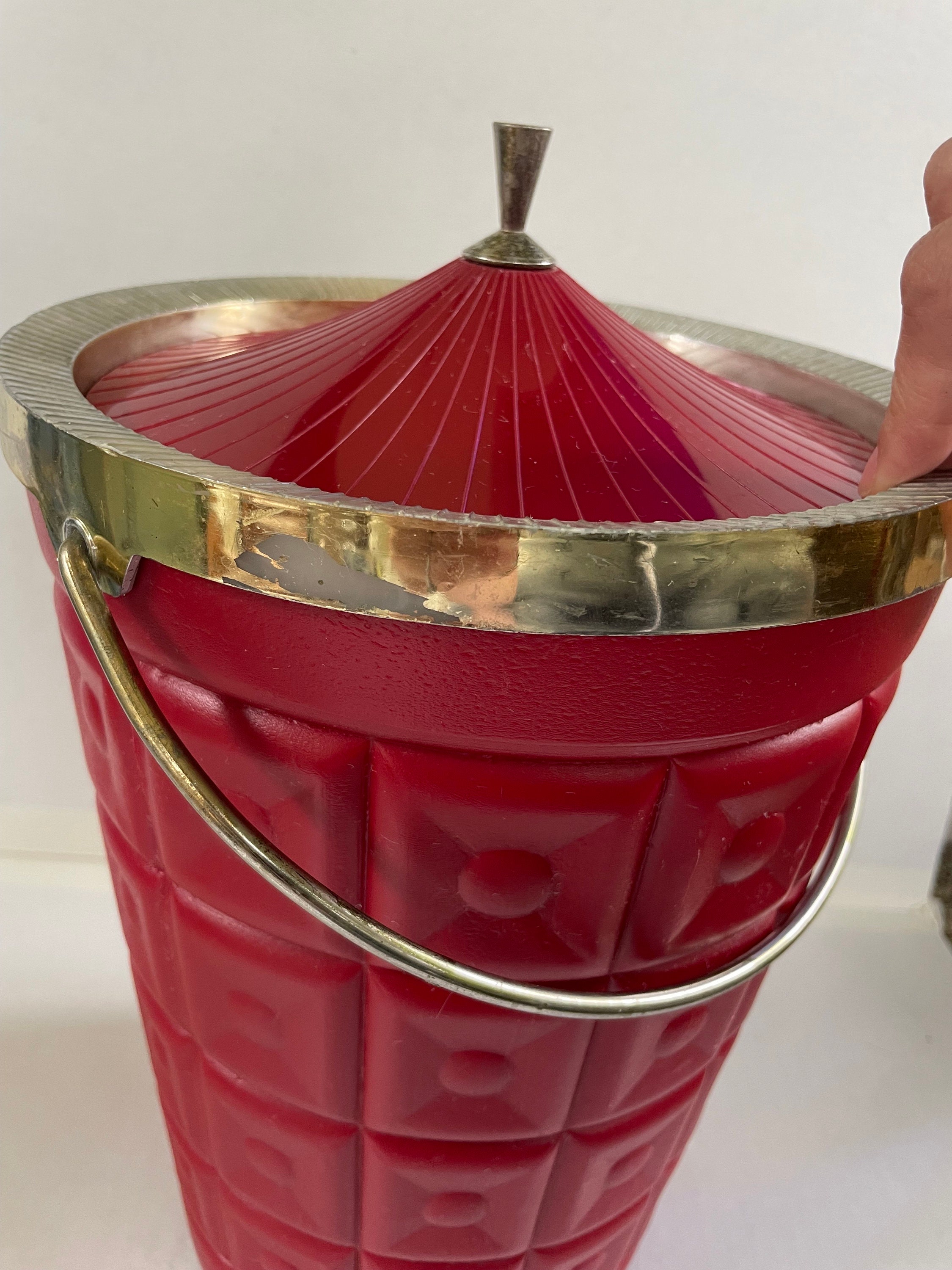 Vintage Lustro-ware Red Plastic Ice Bucket, 1960’s, Gold Rim & Handle ...