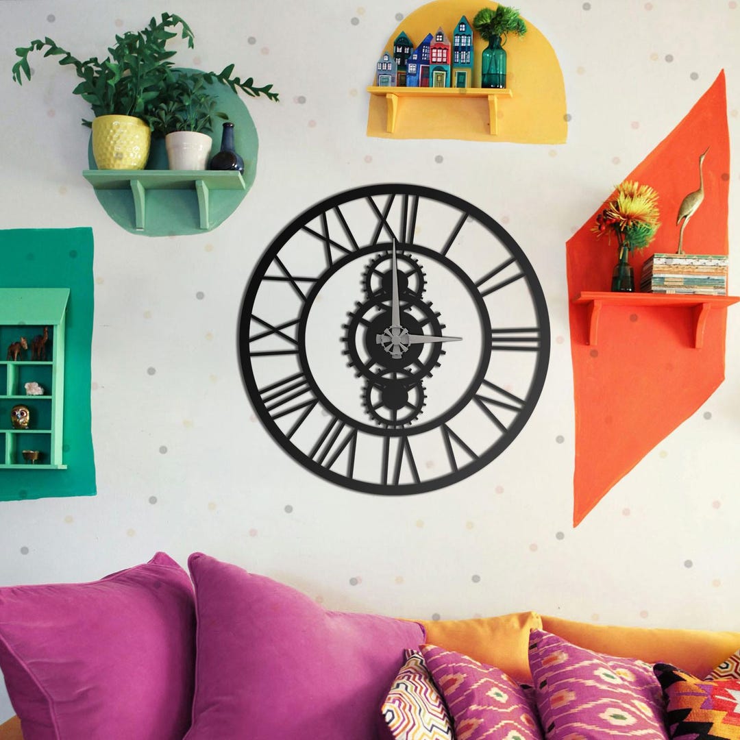 Triple Gears Roman Numerals Metal Wall Clock – Silent Movement – 5 ...