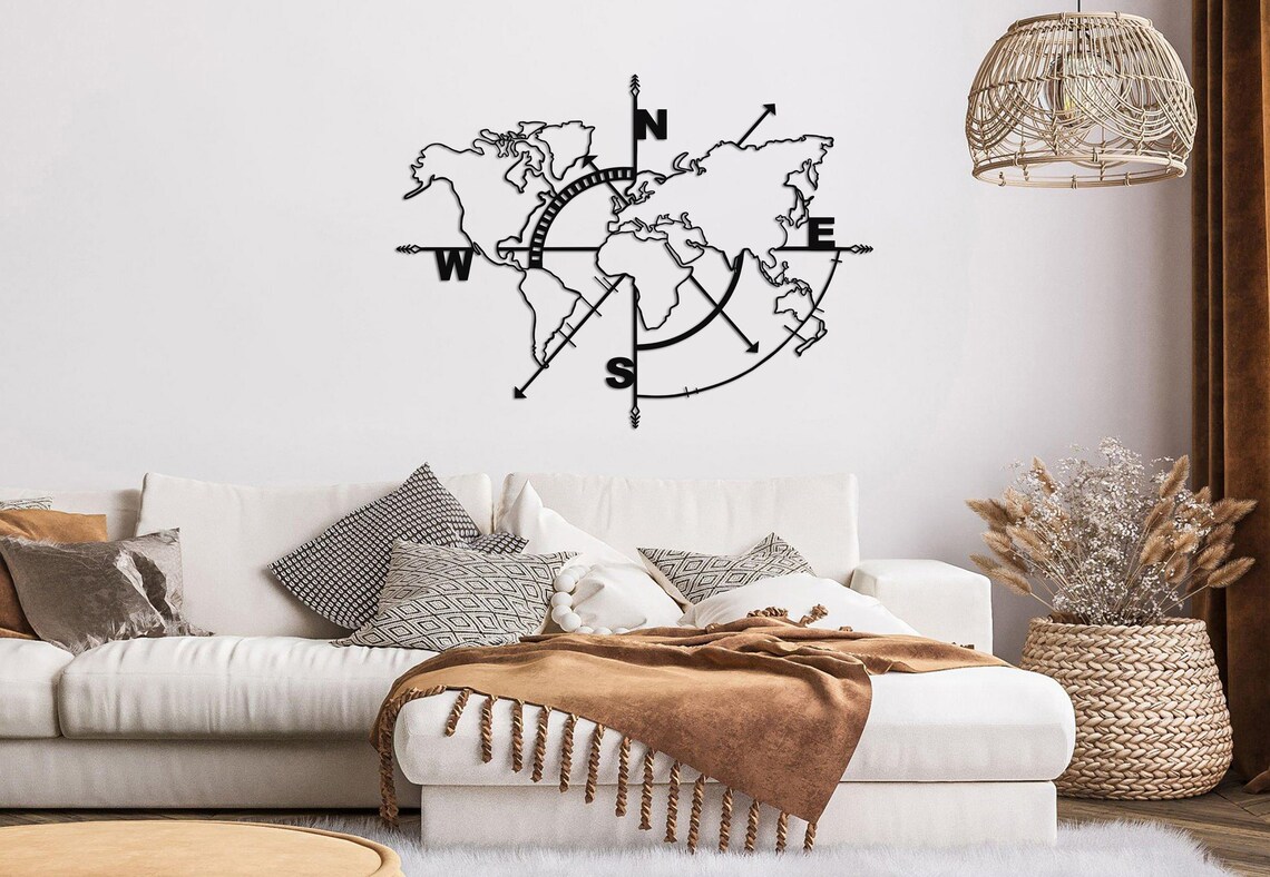 World Map Empty Compass Metal Wall Art Wall Decor Indoor Outdoor ...