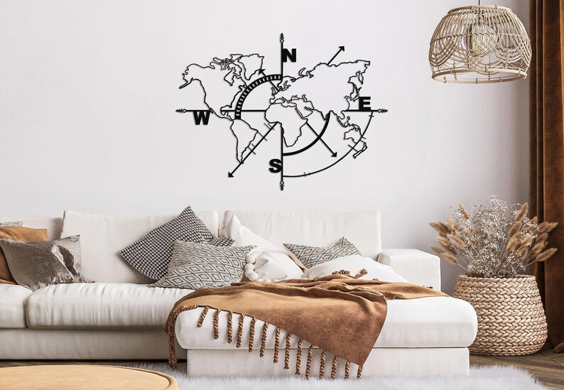 World Map Empty Compass Metal Wall Art - Wall Decor - Indoor Outdoor ...