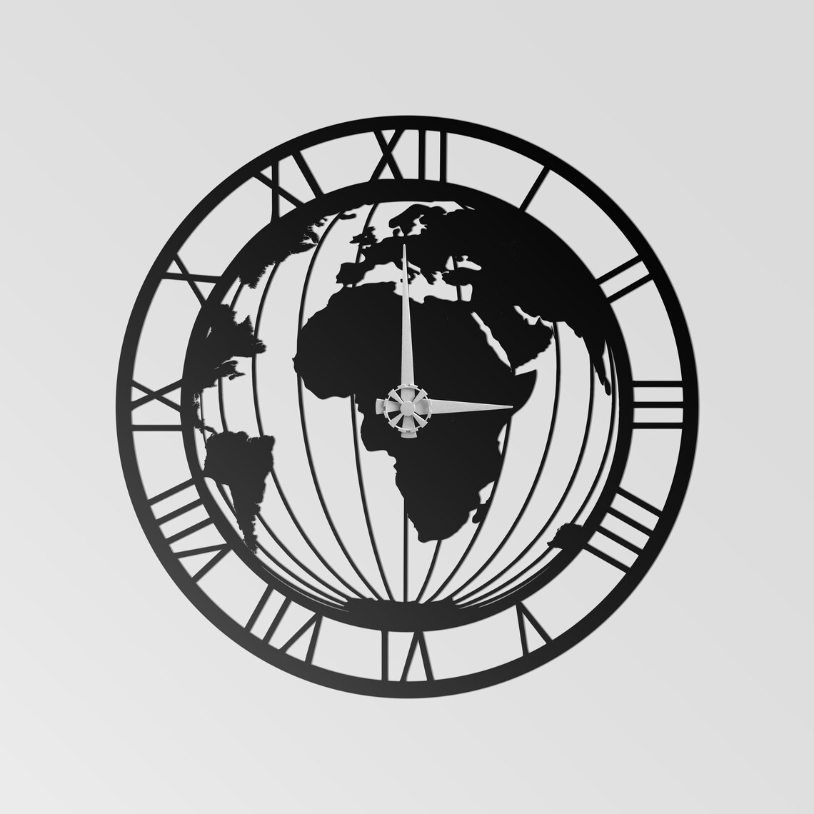 World Map Metal Wall Clock: Roman Numerals, Silent 3D Steel Clock - Etsy