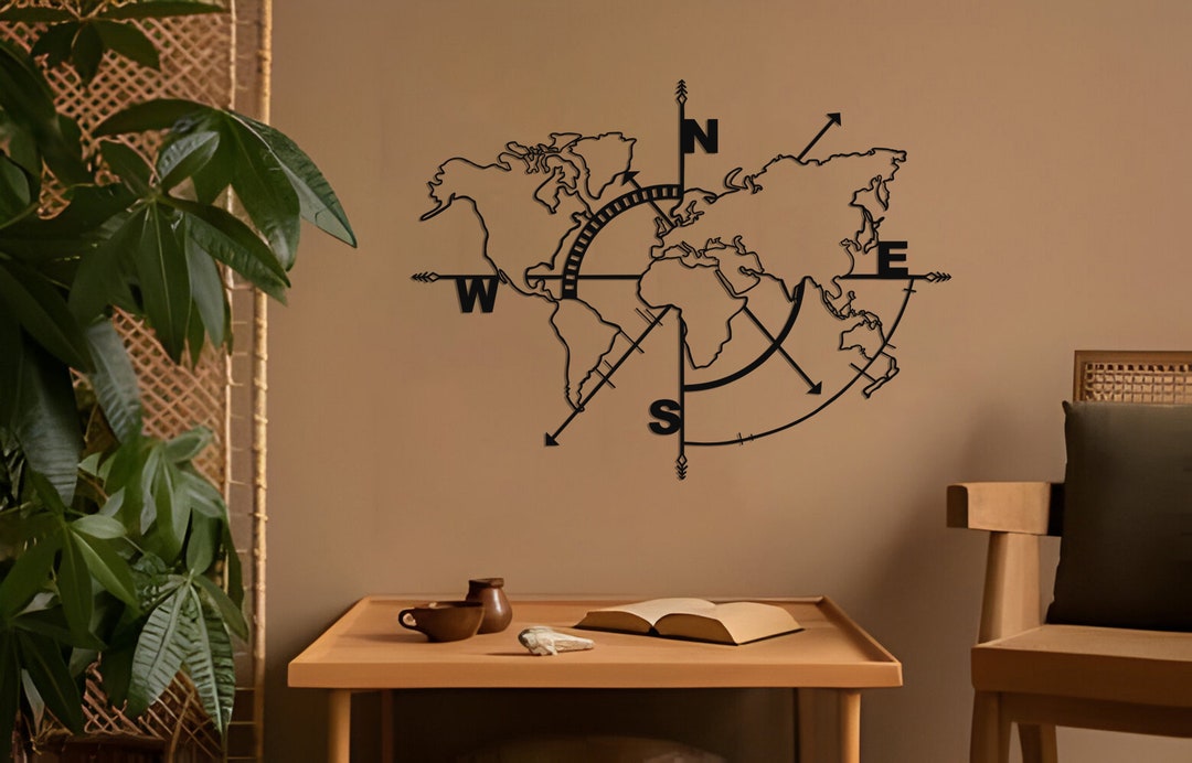 World Map Empty Compass Metal Wall Art - Wall Decor - Indoor Outdoor ...