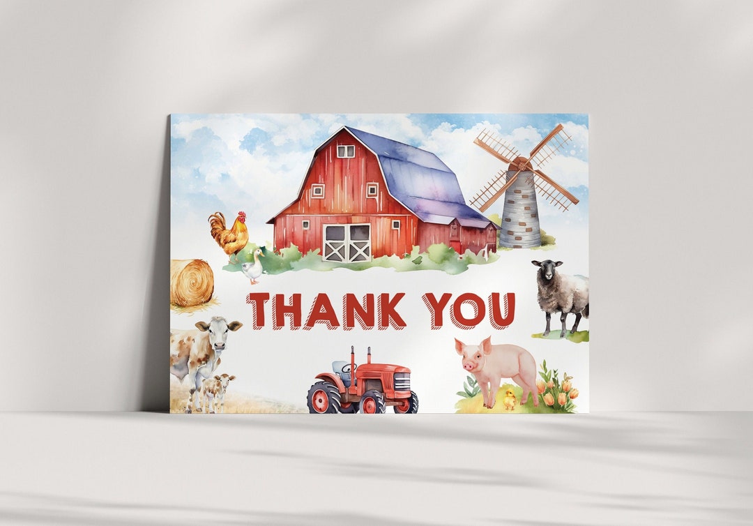 Farm Birthday Thank You Card Farm Animals Thank You Card Template Farm ...