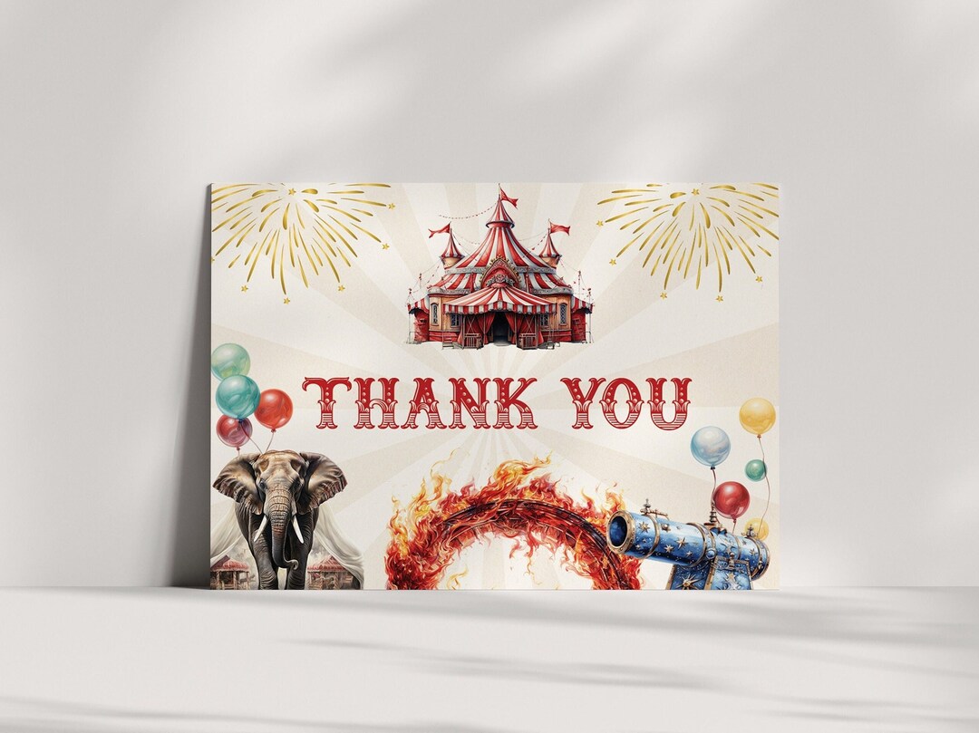 Circus Thank You Card Circus Birthday Thank You Card Template Circus ...