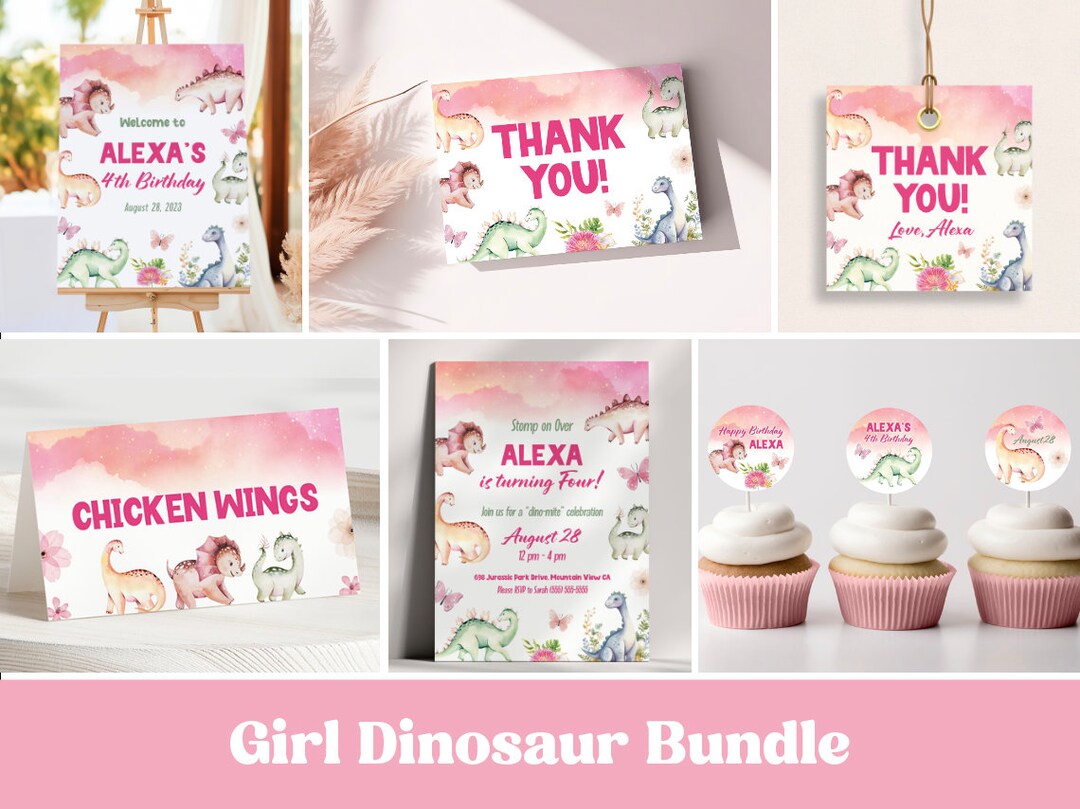 Girl Dinosaur Birthday Templates Girls Birthday Dinosaurs Bundle Girl ...