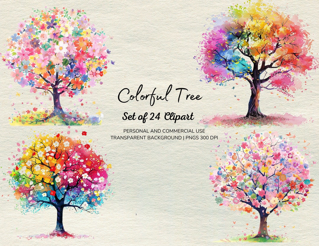 Colorful Tree Clipart With Flowers PNG Watercolor Tree Clipart ...