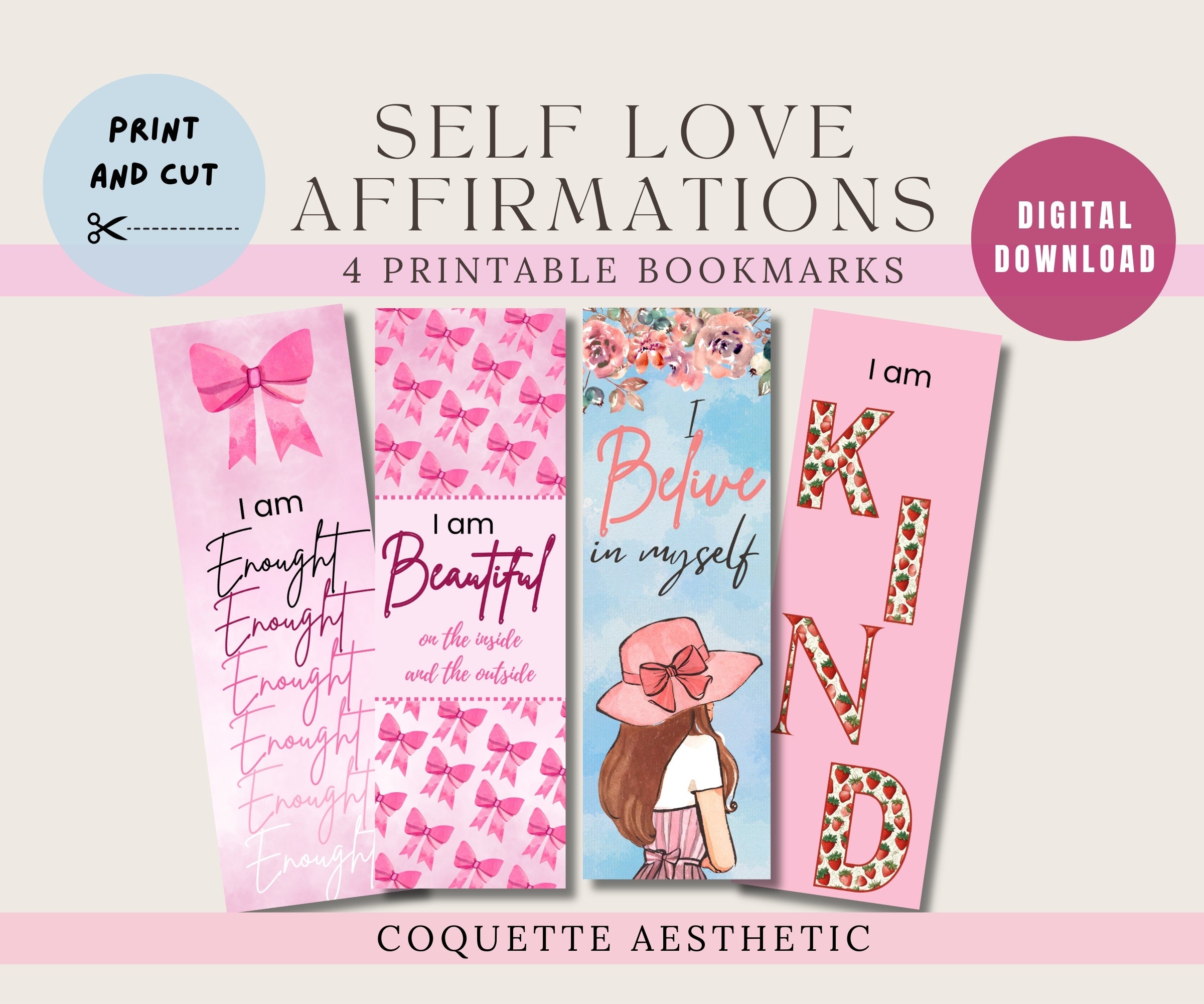 Coquette Printable Pink Bow Bookmarks, Gift for Book Lover, Self Love ...