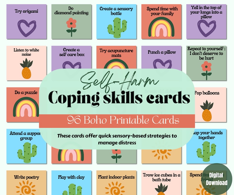 Self Harm Coping Skills Cards for Teens and Adults, Emotional ...