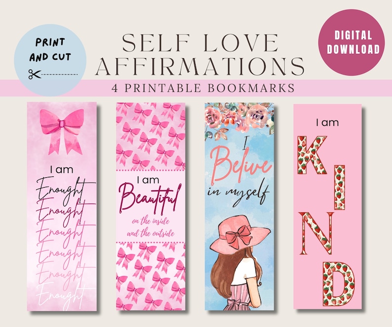 Coquette Printable Pink Bow Bookmarks, Gift for Book Lover, Self Love ...