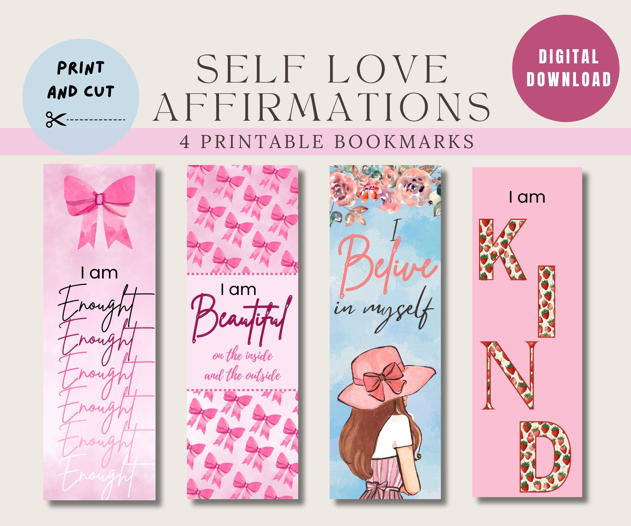 Coquette Printable Pink Bow Bookmarks, Gift for Book Lover, Self Love ...