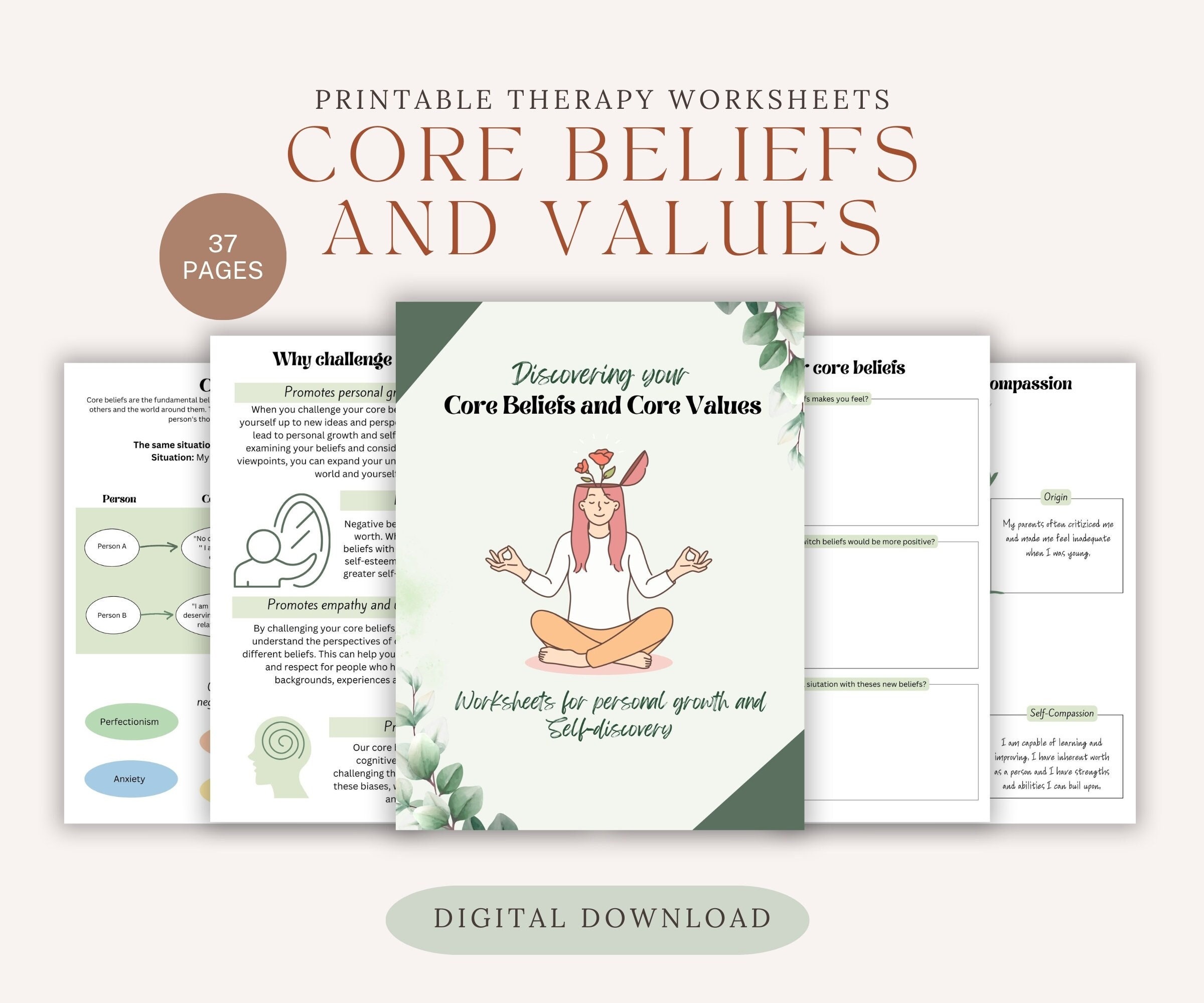 Core Beliefs and Core Values Workbook, Mental Health, Therapy Tools ...