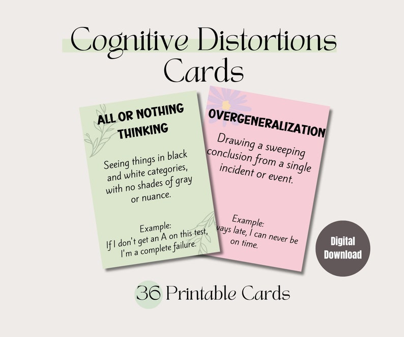 Cognitive Distortions Flash Cards, Challenge Negative Thoughts, Pro ...