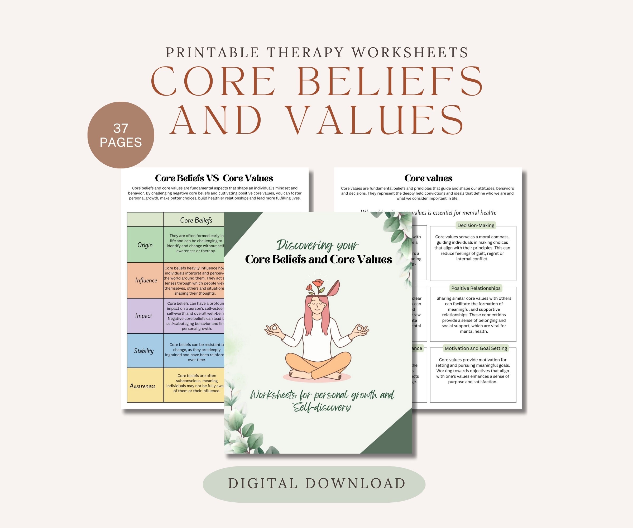 Core Beliefs and Core Values Workbook, Mental Health, Therapy Tools ...