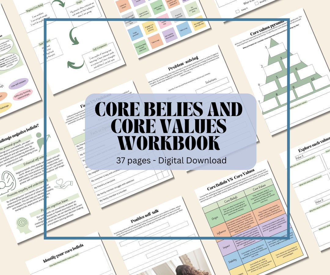Core Beliefs and Core Values Workbook, Acceptance and Commitment Therapy Worksheets, Self Esteem ...