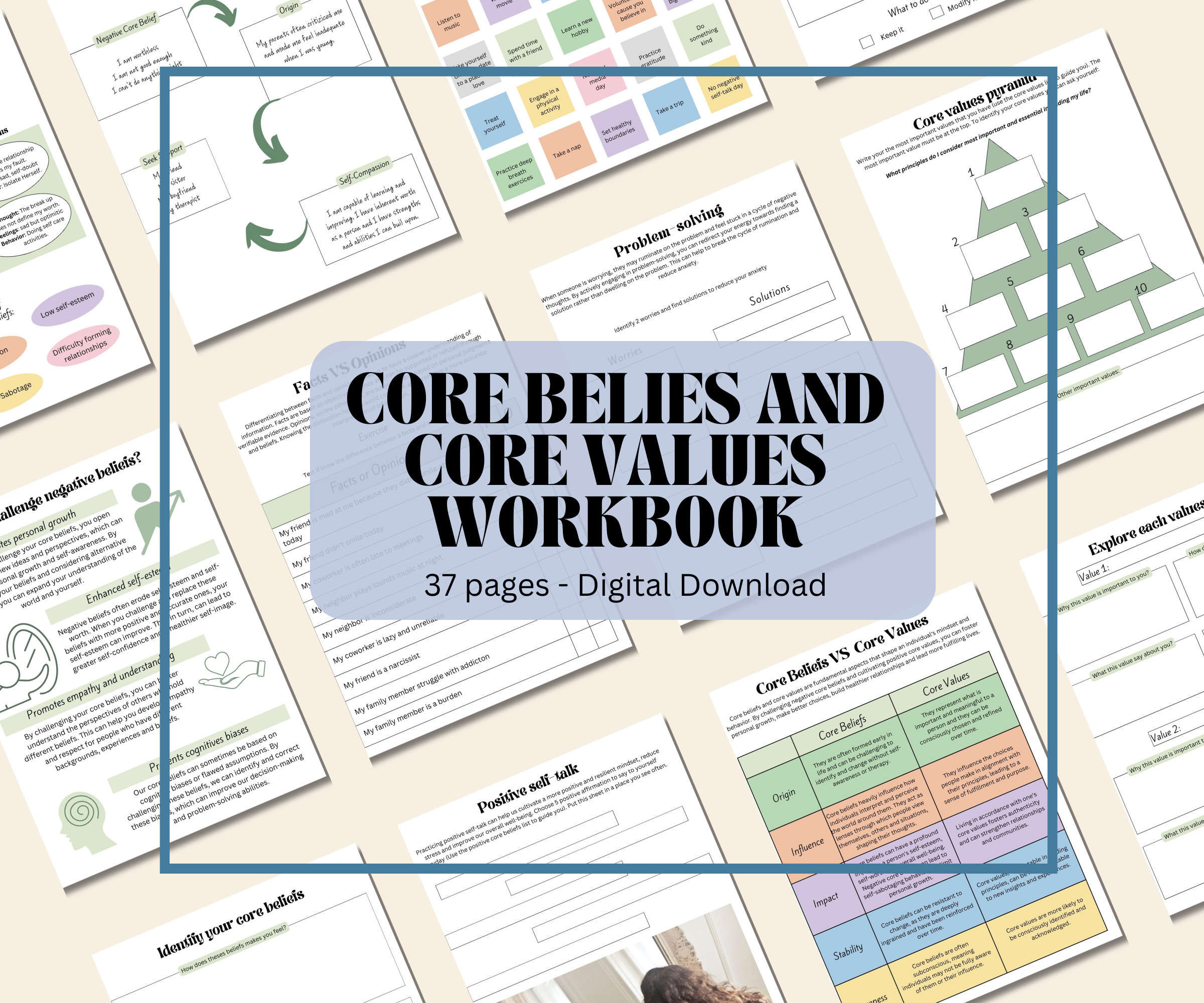 Core Beliefs and Core Values Workbook, Acceptance and Commitment Therapy Worksheets, Self Esteem ...