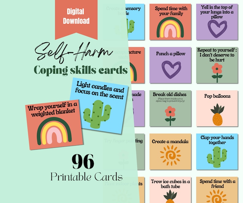 Self Harm Coping Skills Cards for Teens and Adults, Emotional ...